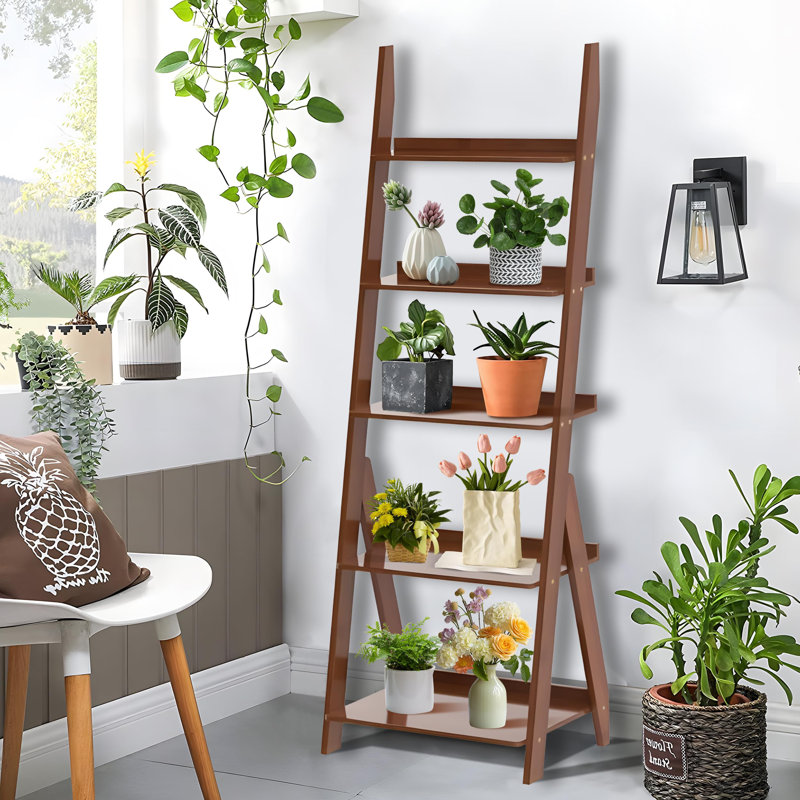 5 Tier Bamboo Ladder Shelf Ladder Bookshelf Latitude Run Color Walnut